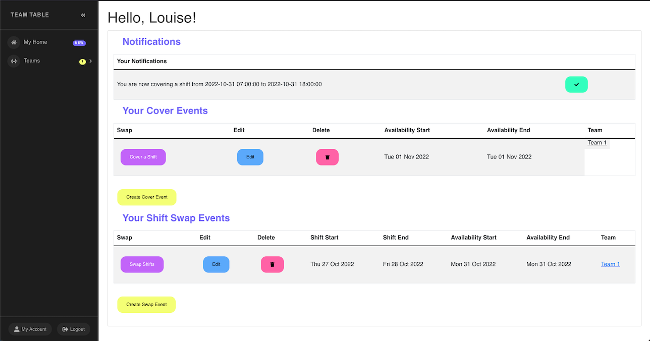 Team Table - Shift Swap / Cover Application