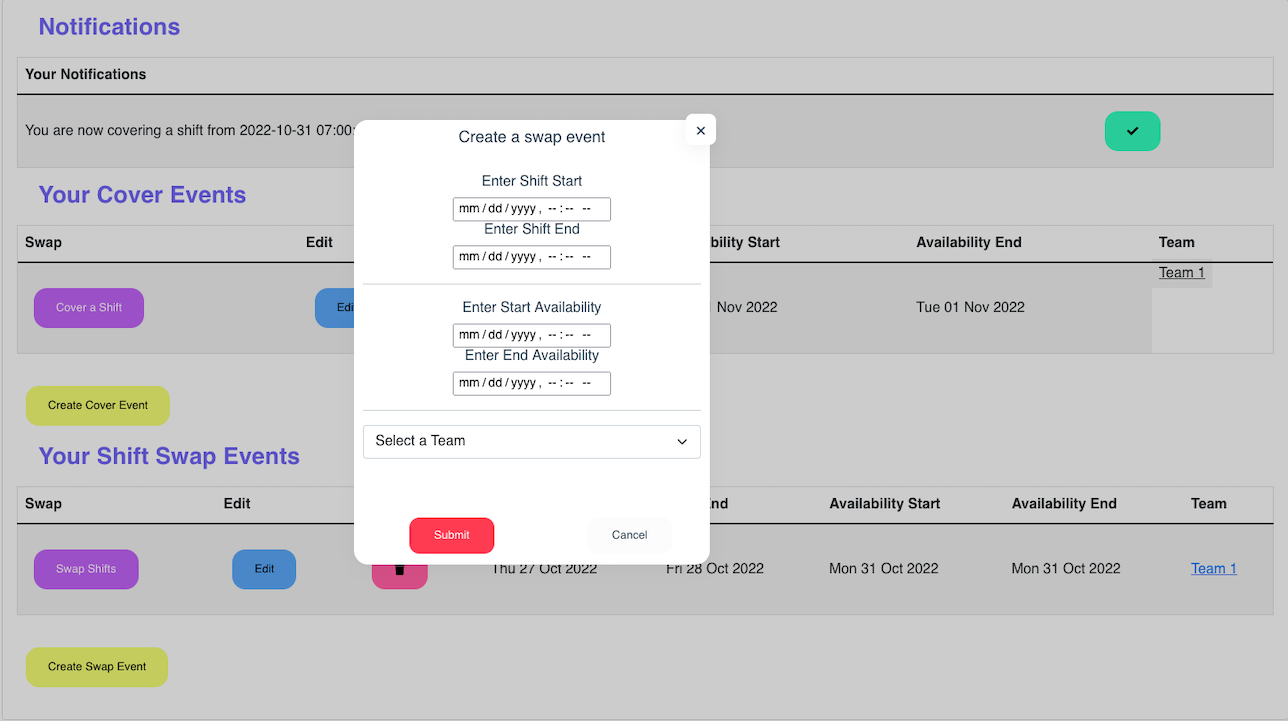 Team Table - Shift Swap / Cover Application